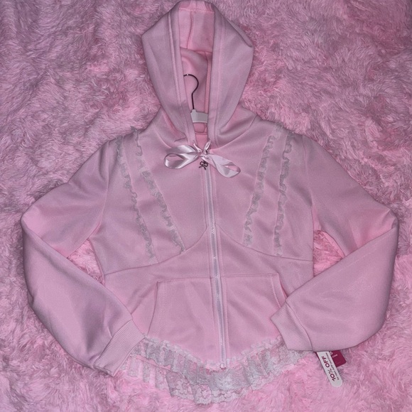 ROMWE | Jackets & Coats | Nwt Pink Lace Zip Up Jacket With Hood Large ...